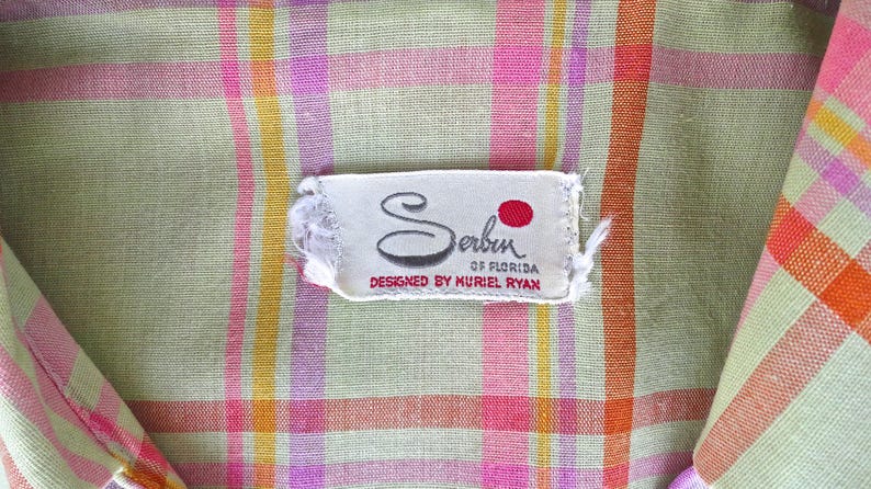 70s SERBIN of Florida M Green Plaid Cotton Zip Front Dress One Owner ...