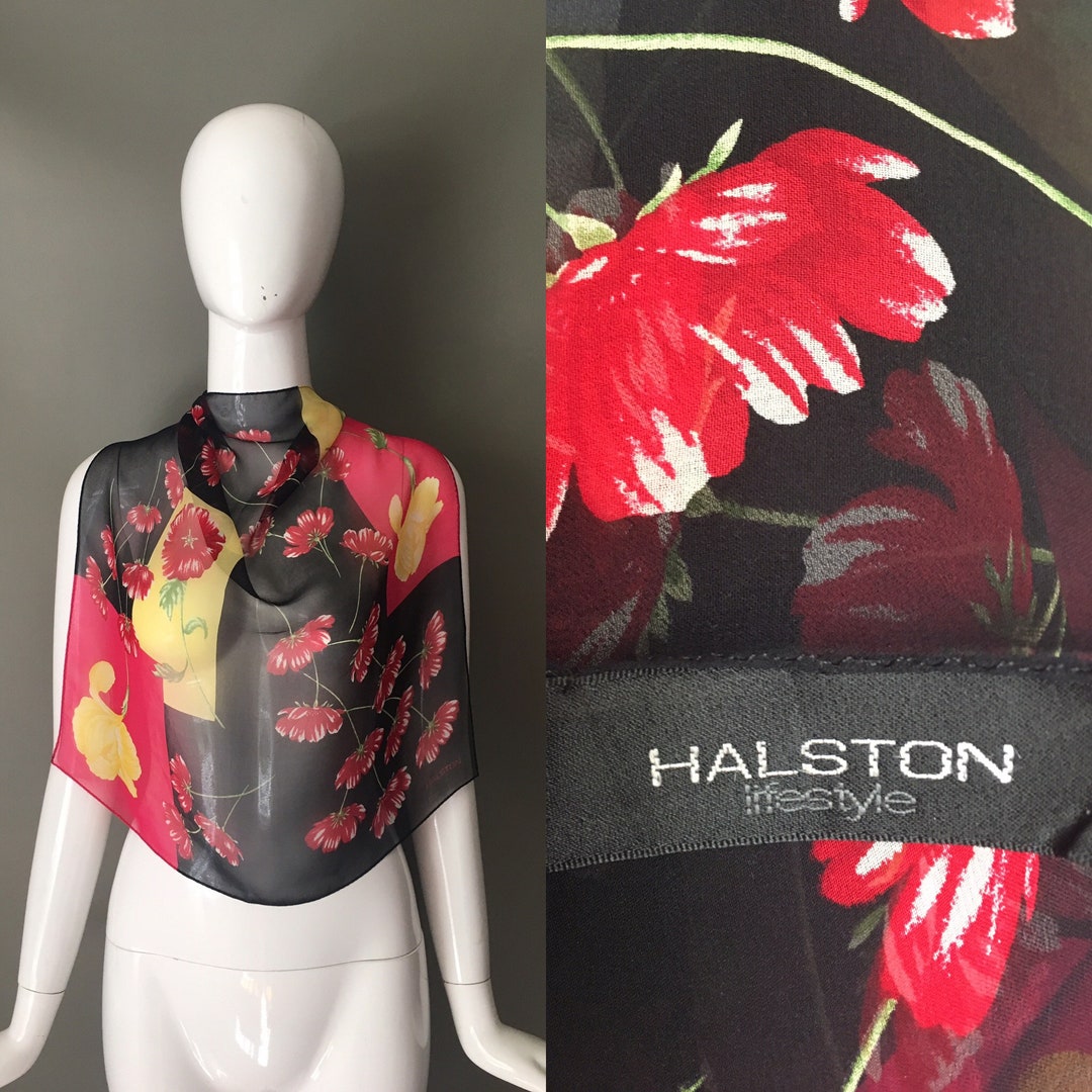 Gorg Vtg Iconic Halston Silk Chiffon Scarf Red Black Yellow Floral ...
