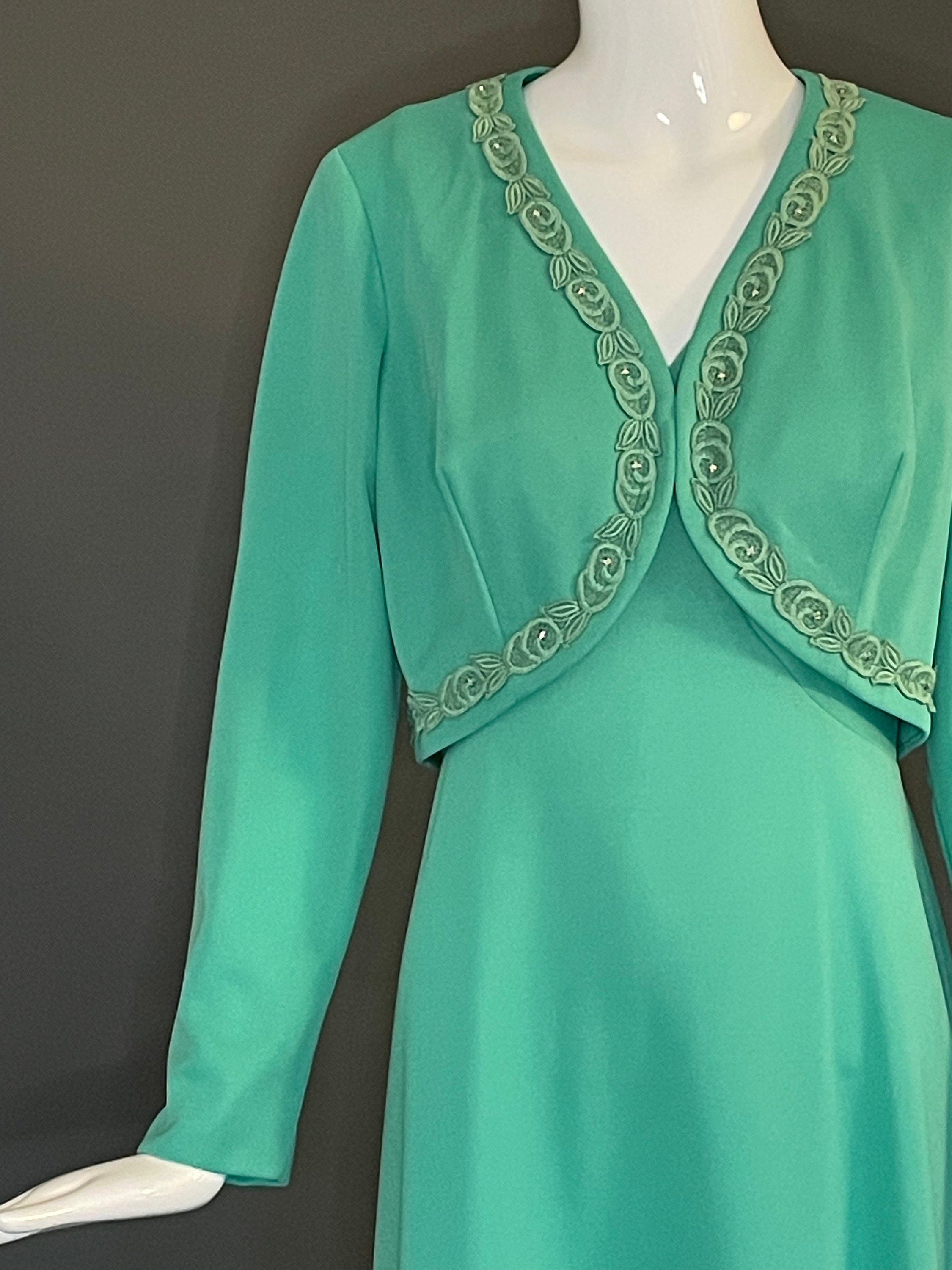 70s Green Maxi Dress & Bolero Set: Vintage Rhinestone Applique - Etsy
