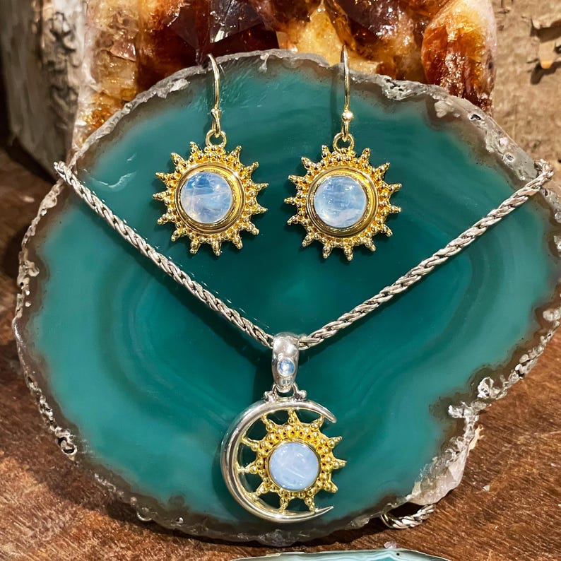 Rainbow Moonstone Sun and Moon Necklace: Sterling Silver & Gold ...
