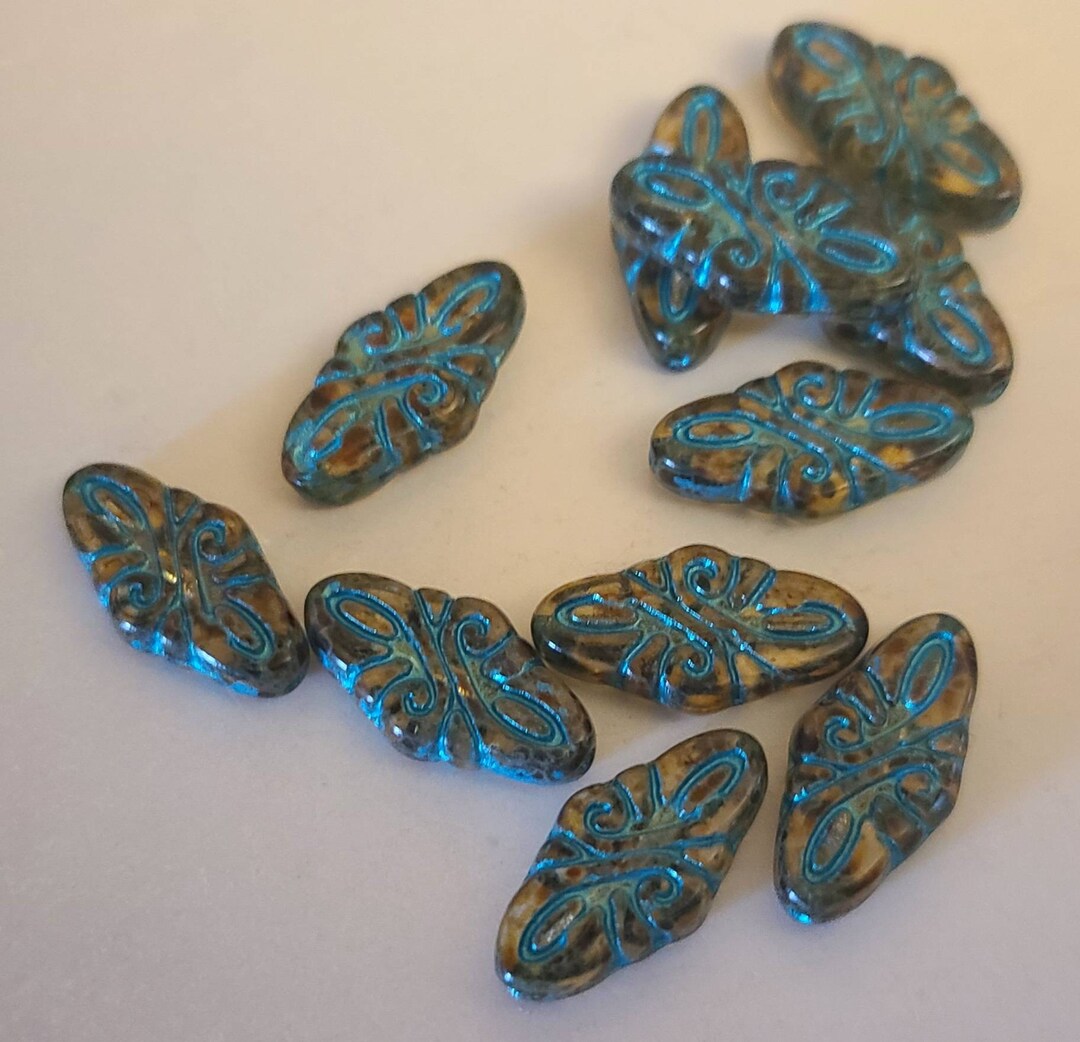 Four Arabesque 19x9mm Czech Glass Beads in Translucent With Turquoise ...