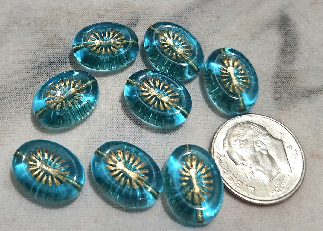 Eight Oval 14x11mm Czech Glass Beads in Translucent Blue With Starburst ...