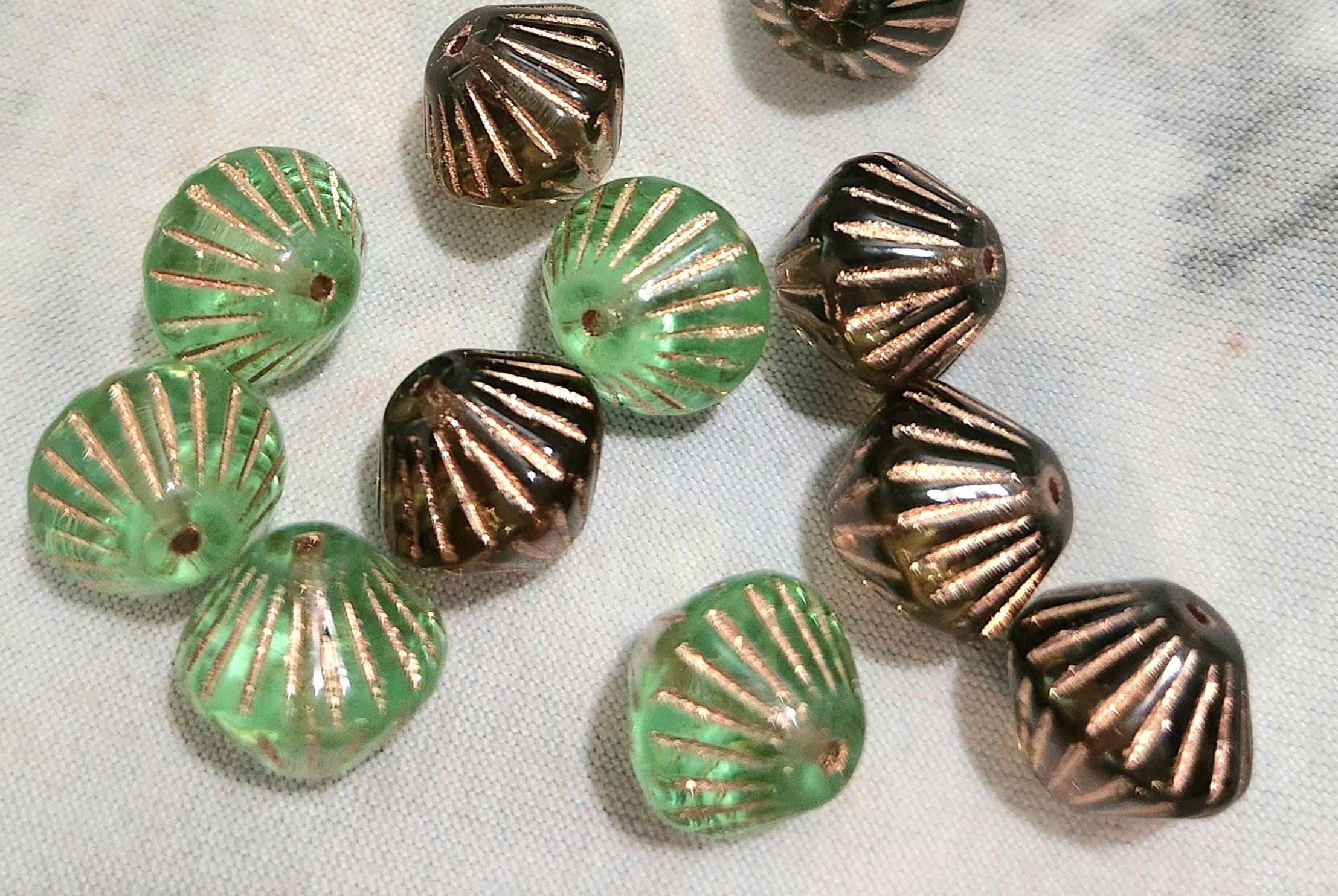 Eight 10mm Bicone Shape Czech Glass Beads in Green and Brown With Gold ...
