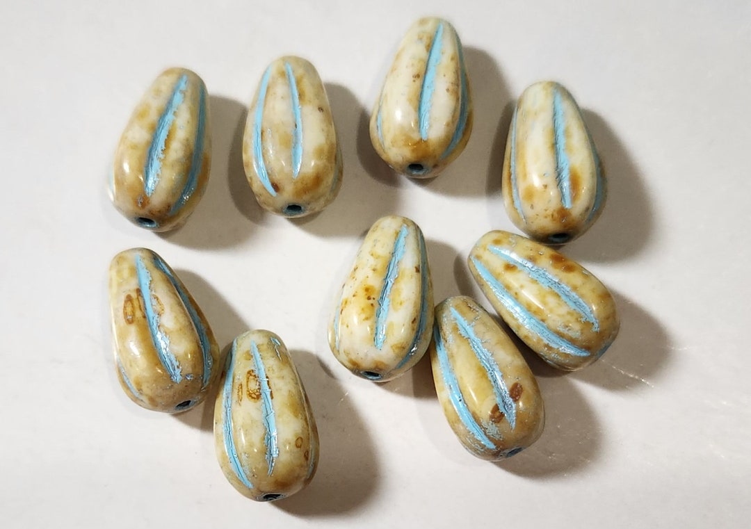 Four 13x8mm Teardrop Shape Melon Design Czech Glass Beads - Etsy
