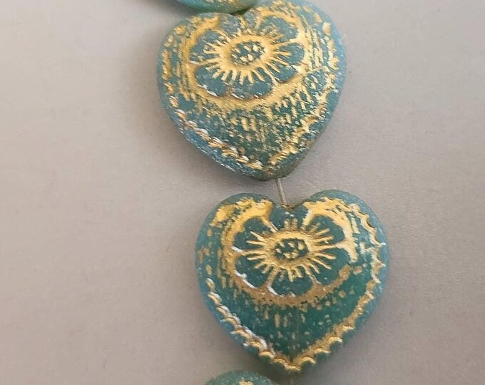 Two Vintage Design 18x17mm Heart Shape Czech Glass Beads in Sea Green ...