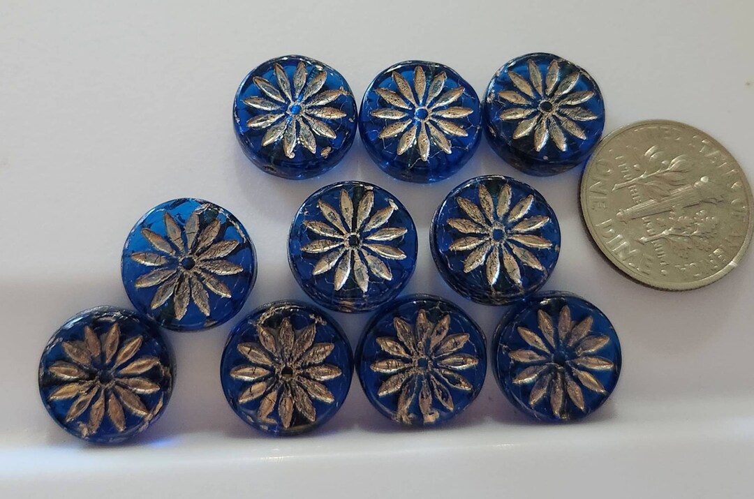 Six 12mm Coin Shape Czech Glass Beads With Aster Design - Etsy