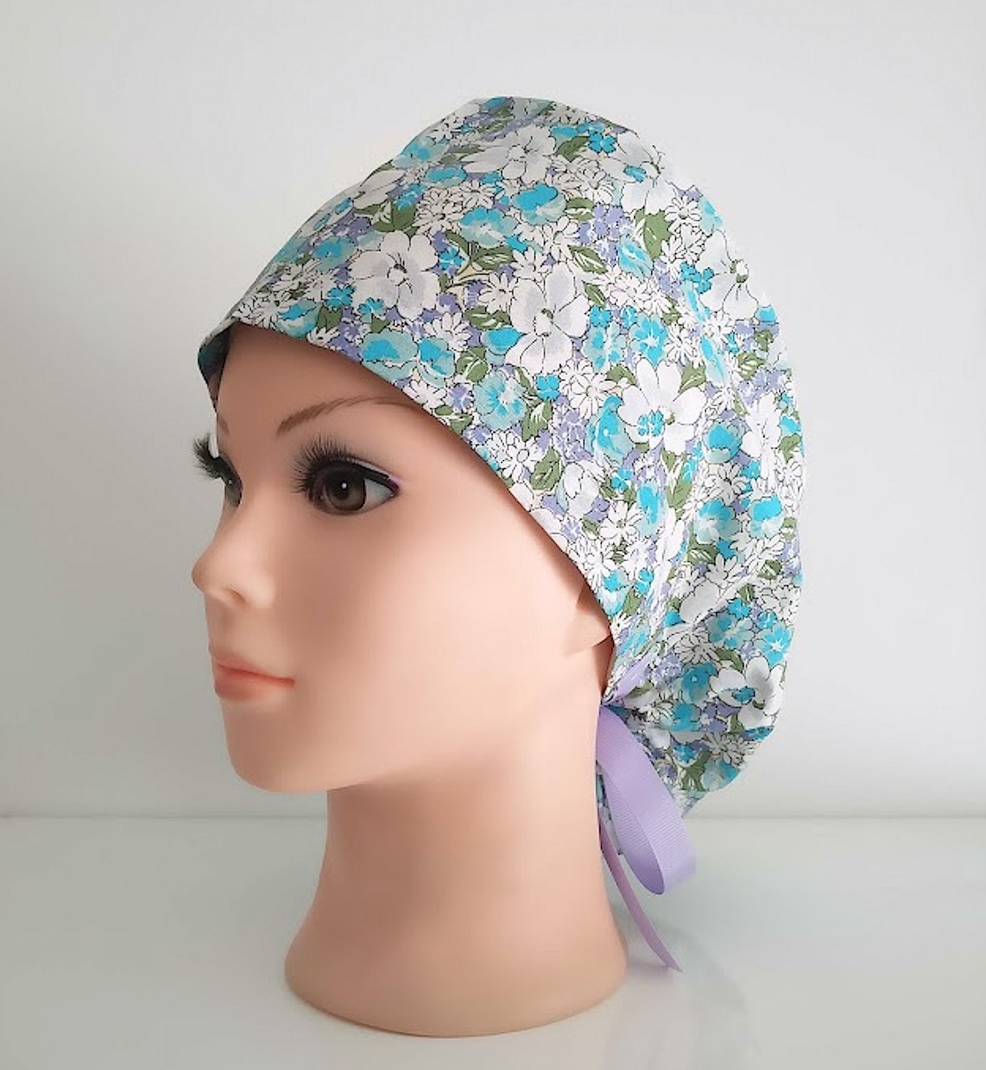 Floral Scrub Caps Ponytail style for Women with Satin Lining option ...