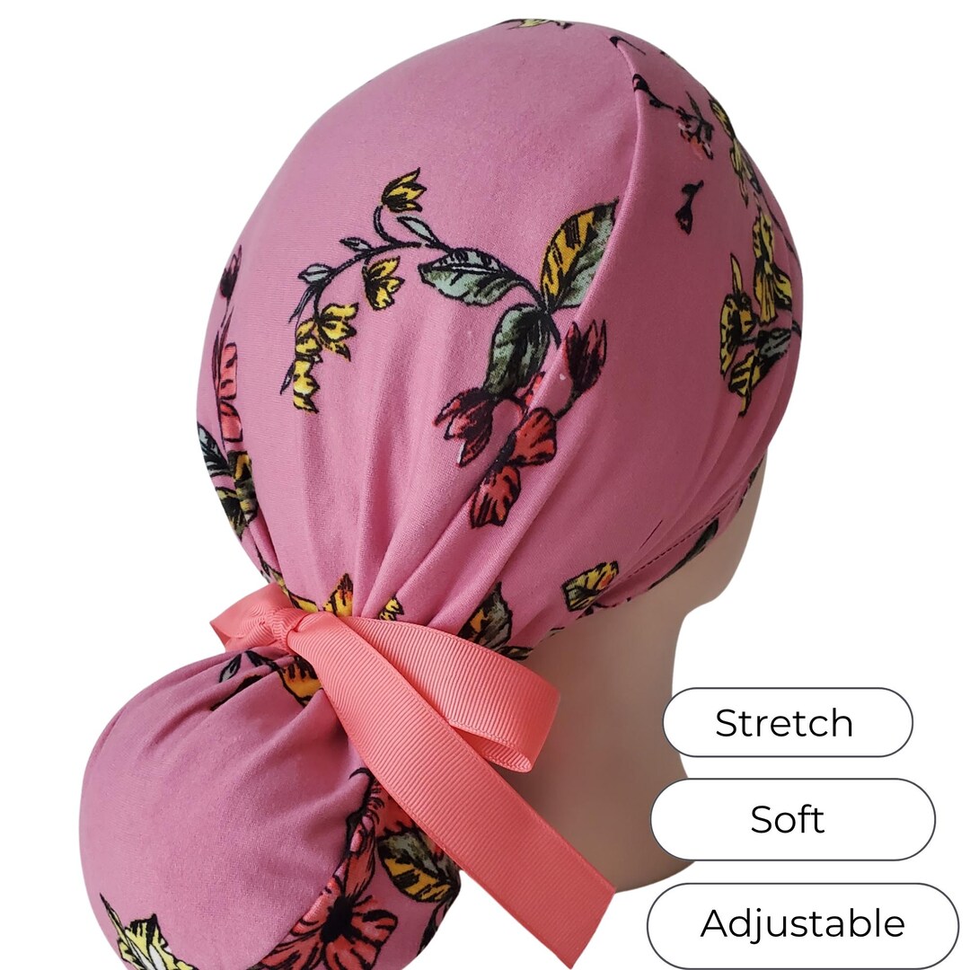 Stretch Ponytail Scrub Cap: Pink Floral Print Adjustable Medical Hair ...