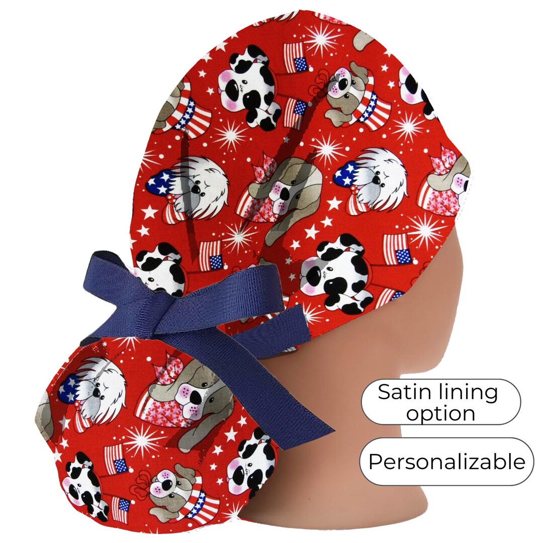 Patriotic Dog- 4th July - Women’s Scrub Caps - Satin Lining Option ...