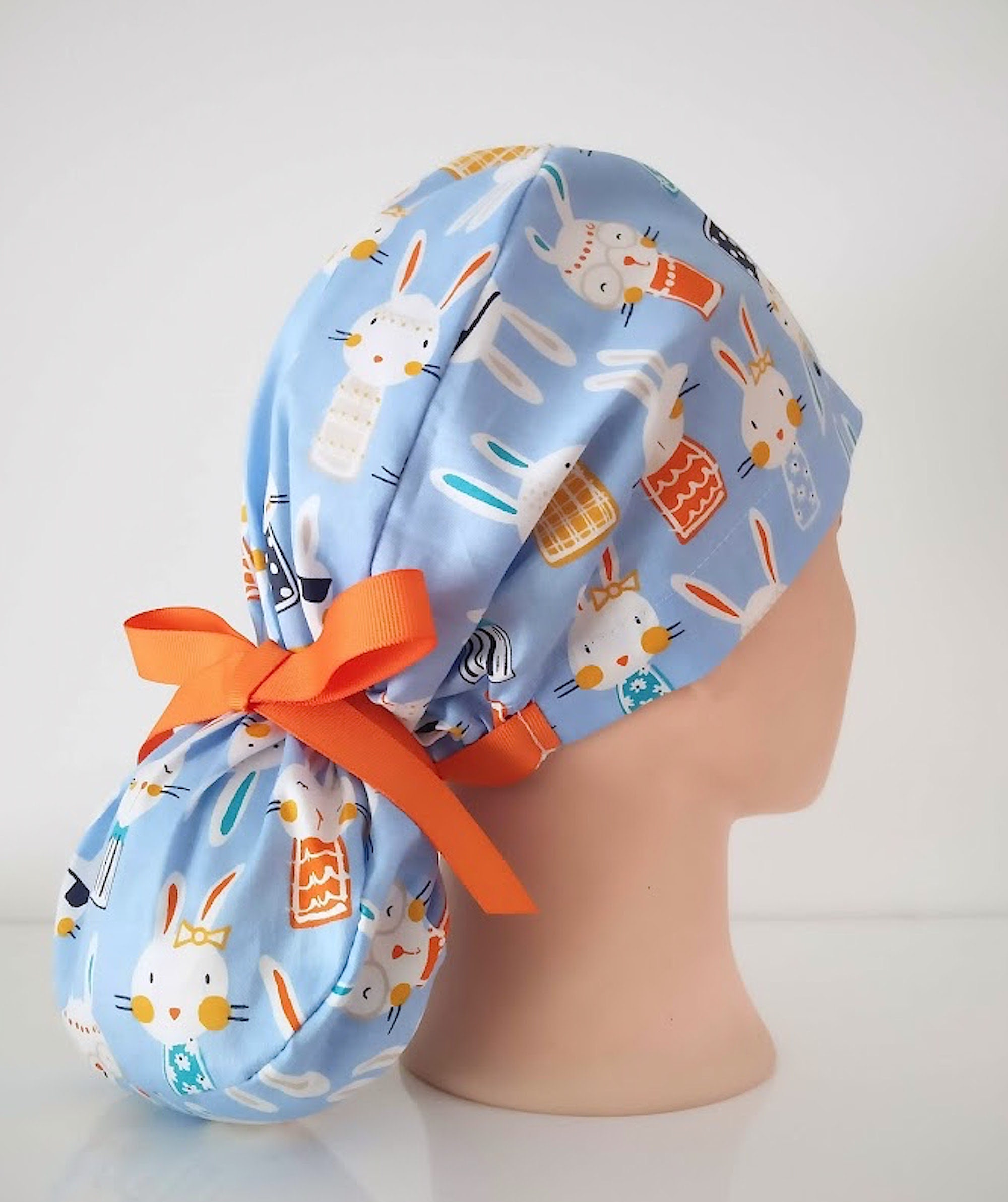 bunny scrub caps, surgical cap ponytail, 100% cotton, quick ship USA