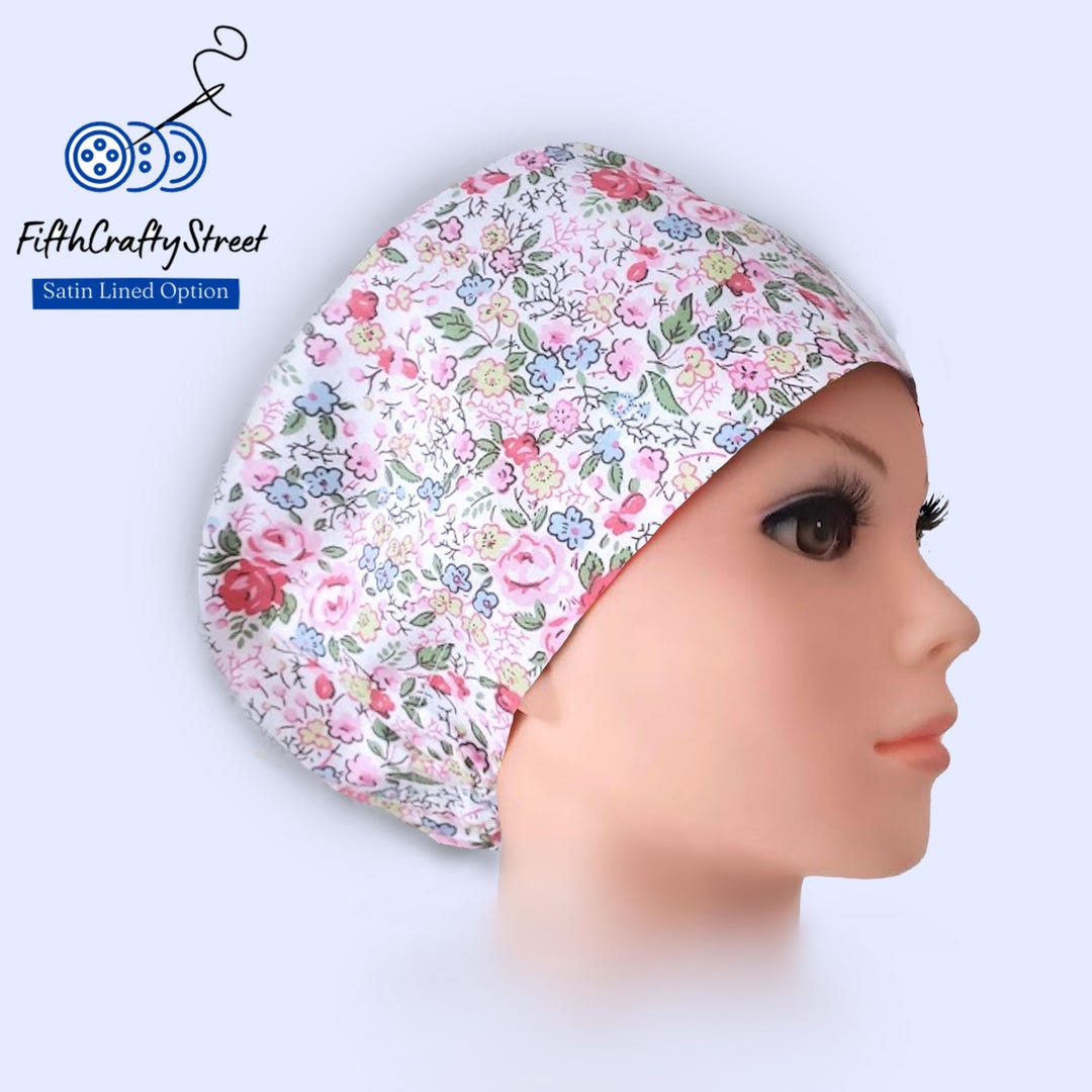 Floral Euro Scrub Caps for Women - Adjustable - Satin Lining Option ...