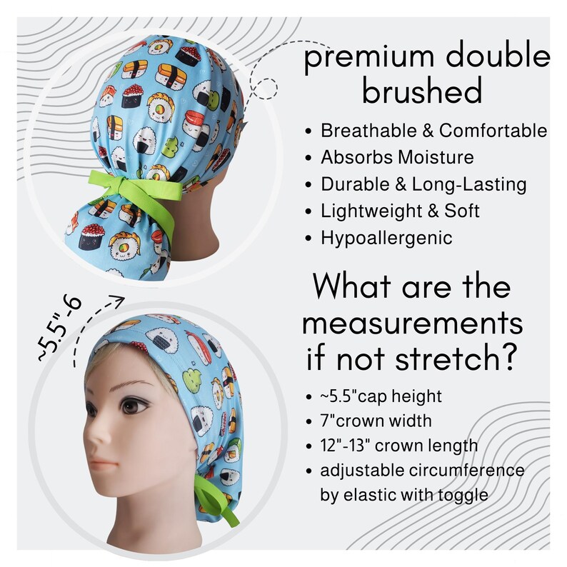 Stretch Ponytail Scrub Cap Blue Sushi Print Adjustable Scrub Hat ...