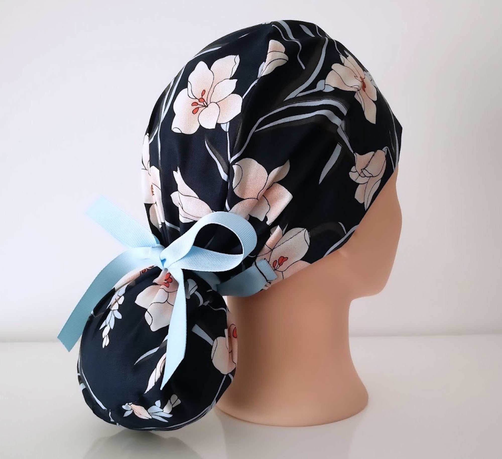 surgical cap, scrubs caps woman ponytail, 100% cotton, handmade, navy ...
