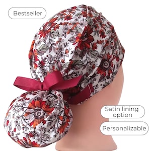 Ponytail Scrub Cap Satin Lined Personalized : Fall Floral - Etsy