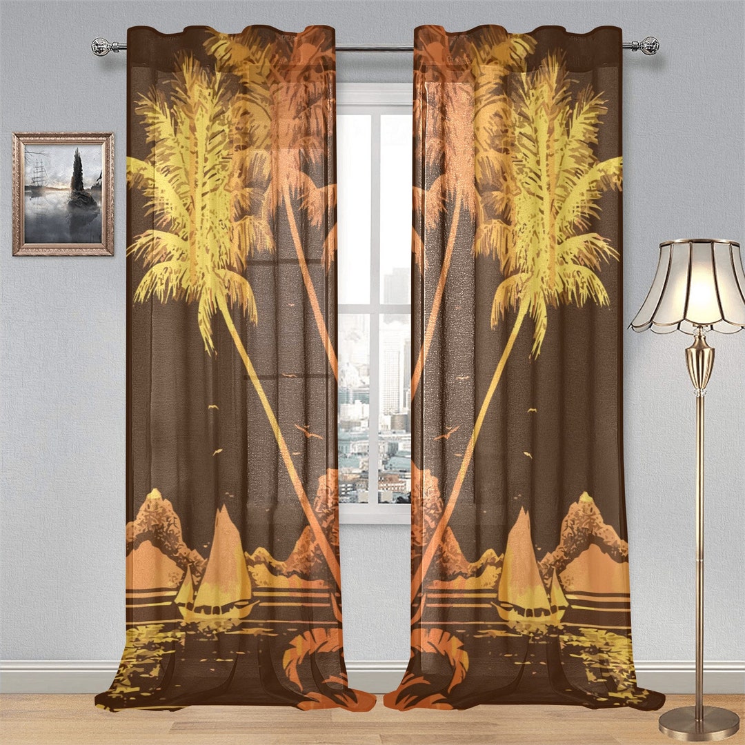 Retro Mid Century Modern 70s Island Palm Tree Brown Orange Tiki Decor ...