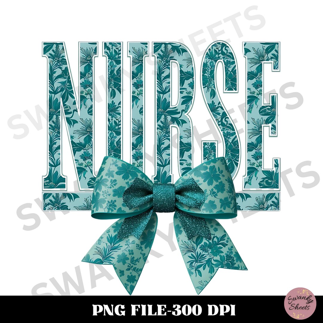 Teal Floral Nurse Varsity PNG, Nursing Toile Coquette Bow Clip Art ...