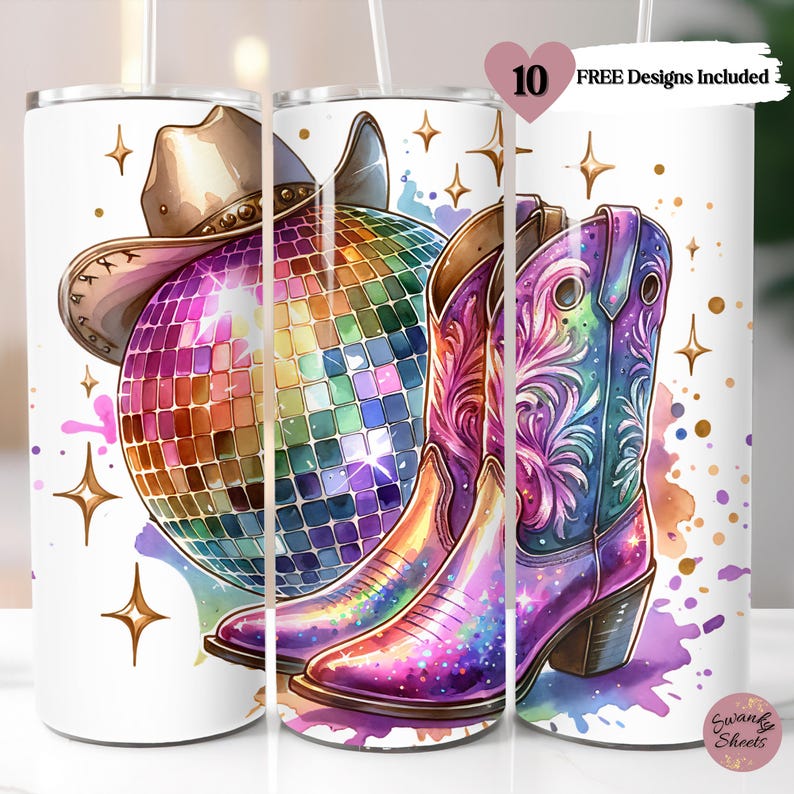Watercolor Disco Ball & Cowboy Boots Tumbler Wrap (PNG Digital Download ...