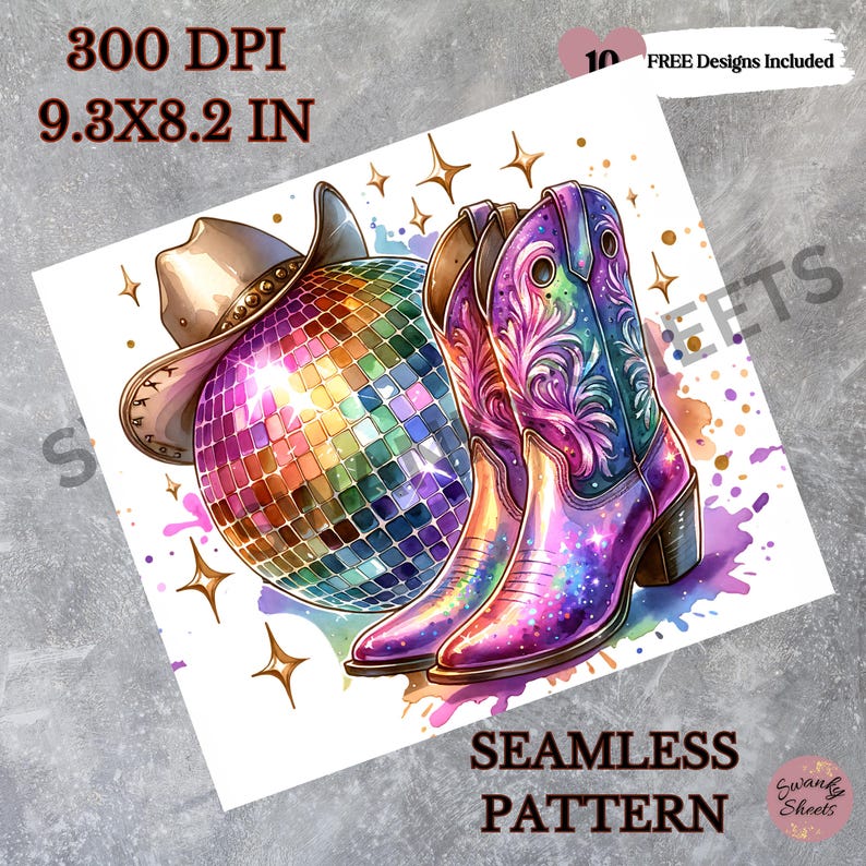 Watercolor Disco Ball & Cowboy Boots Tumbler Wrap (PNG Digital Download ...