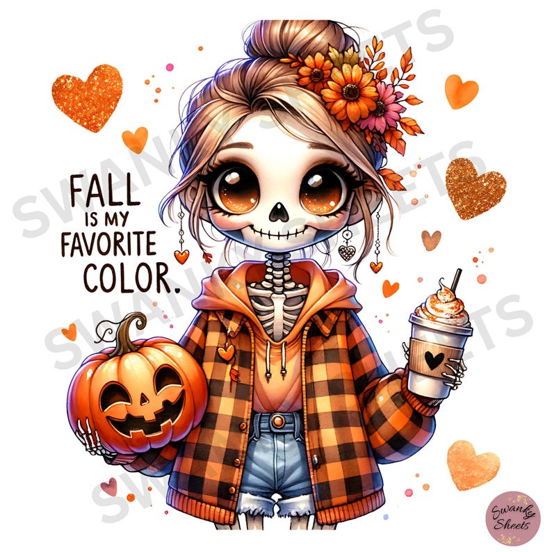 Cute Fall Skeleton Girl PNG, Cozy Autumn Clipart, Fall Vibes Design ...