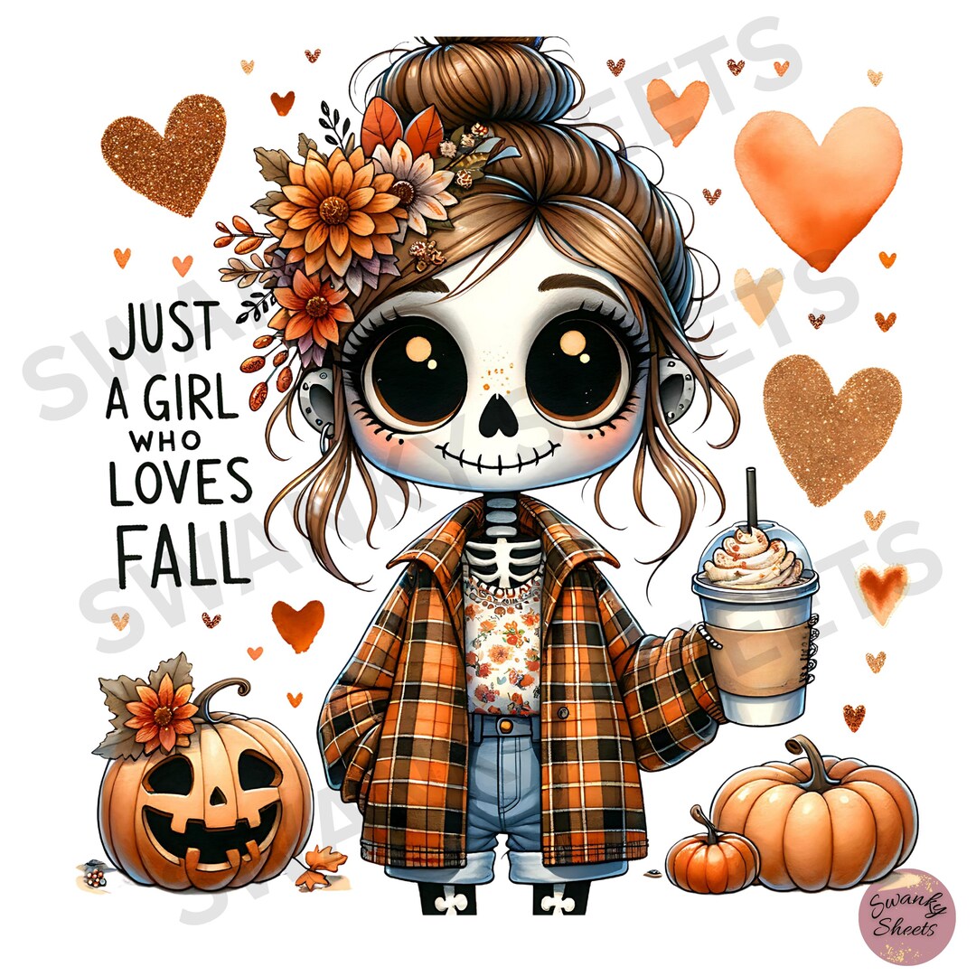 Cute Fall Skeleton Girl PNG, Cozy Autumn Clipart, Fall Vibes Design ...