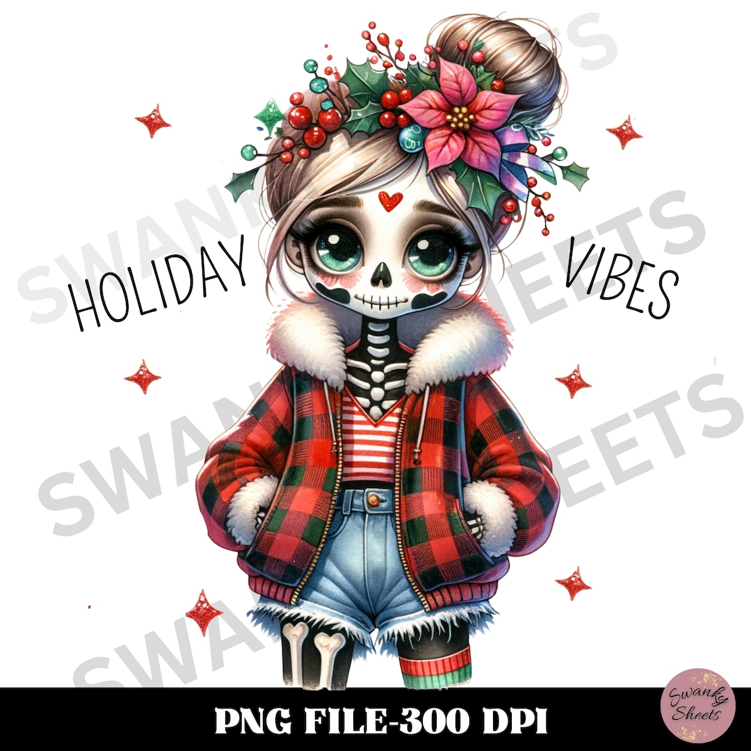 Whimsical Skeleton Girl Christmas PNG, Holiday Vibes Clipart, Cute ...