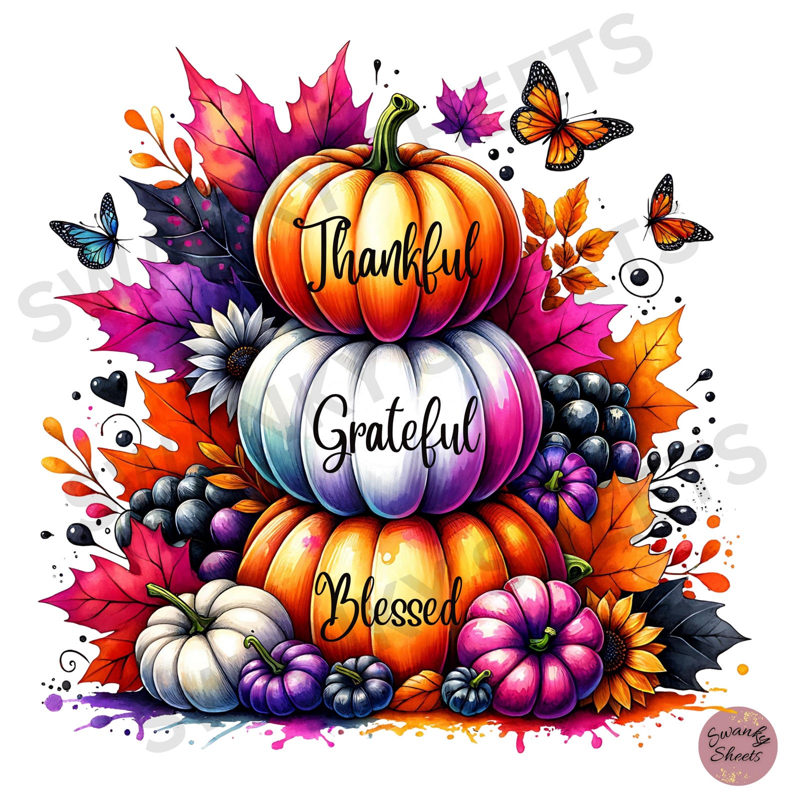 Thankful Grateful Blessed PNG, Pastel Fall Sublimation Design, Pumpkins ...