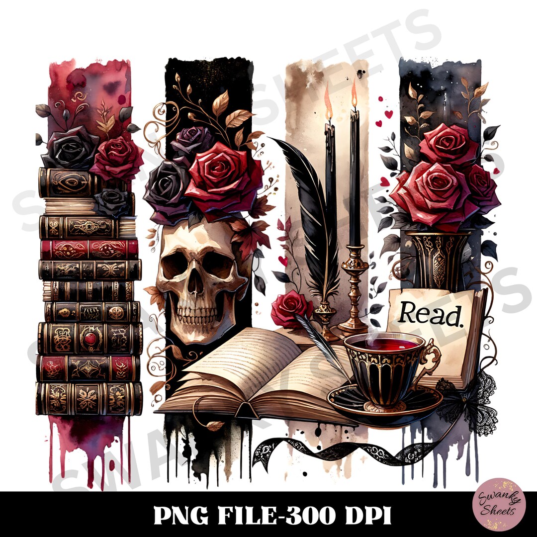 Gothic Books Skull Roses PNG: Romantasy Bookish Art (digital Download ...