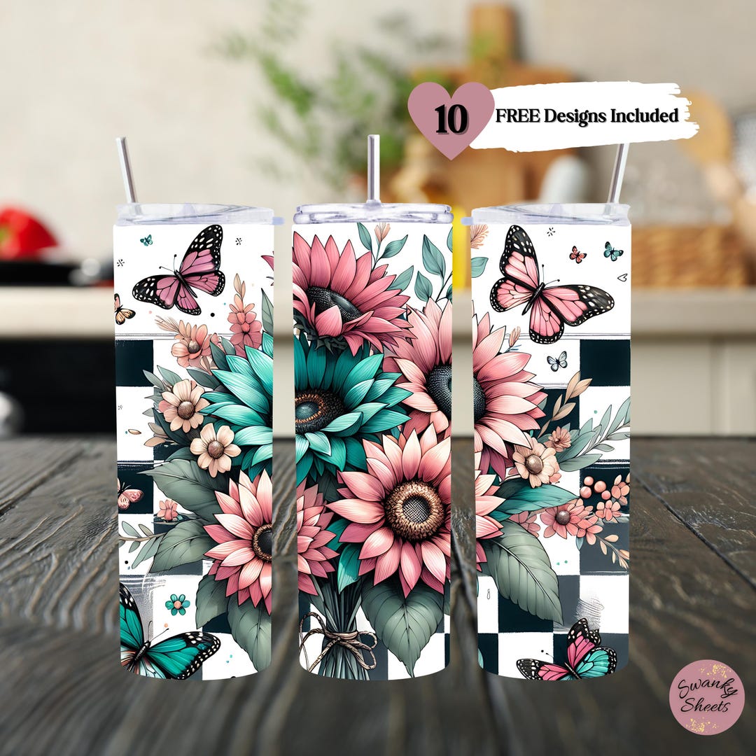 Pink & Teal Sunflower Tumbler Wrap PNG, 20oz Watercolor Floral ...