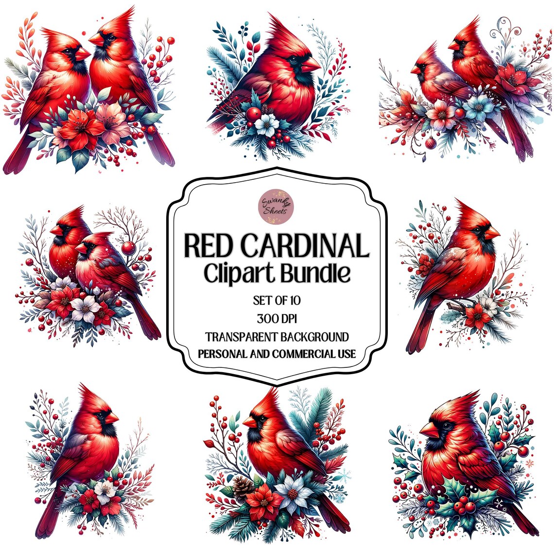 Red Cardinal Clipart Set, PNG Files, Watercolor Bird Illustrations ...