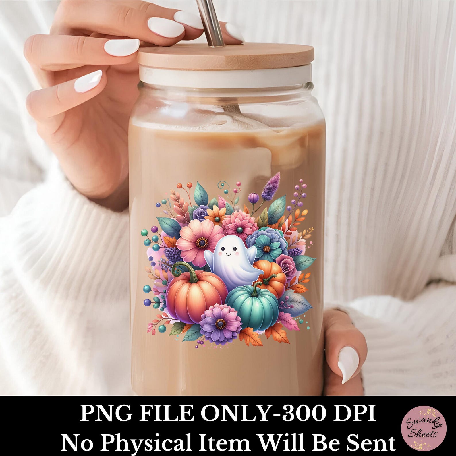 Pastel Autumn Ghost With Pumpkins and Flowers PNG | Cute Fall Clipart ...