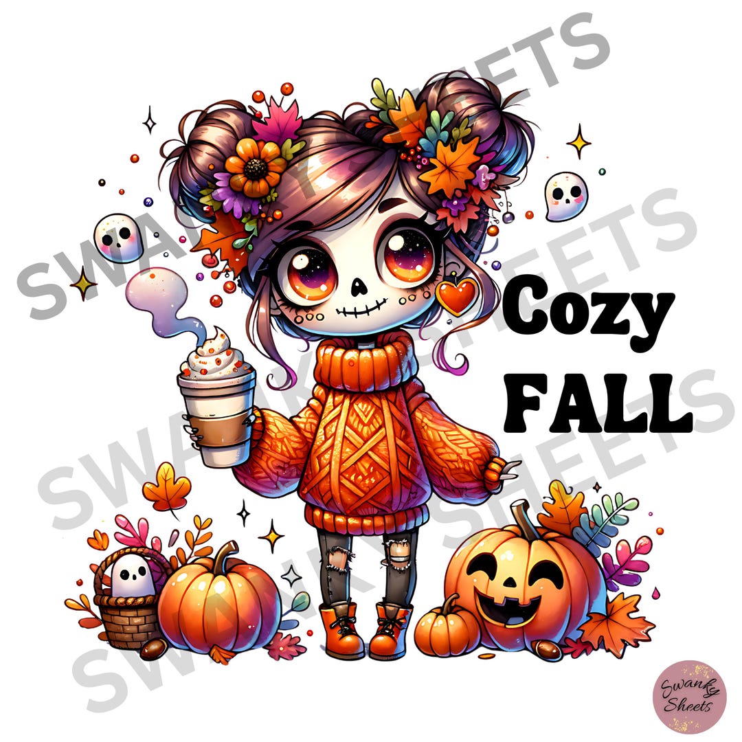 Cozy Fall Skeleton Girl PNG, Cute Fall Vibes, Halloween Clipart, Autumn ...