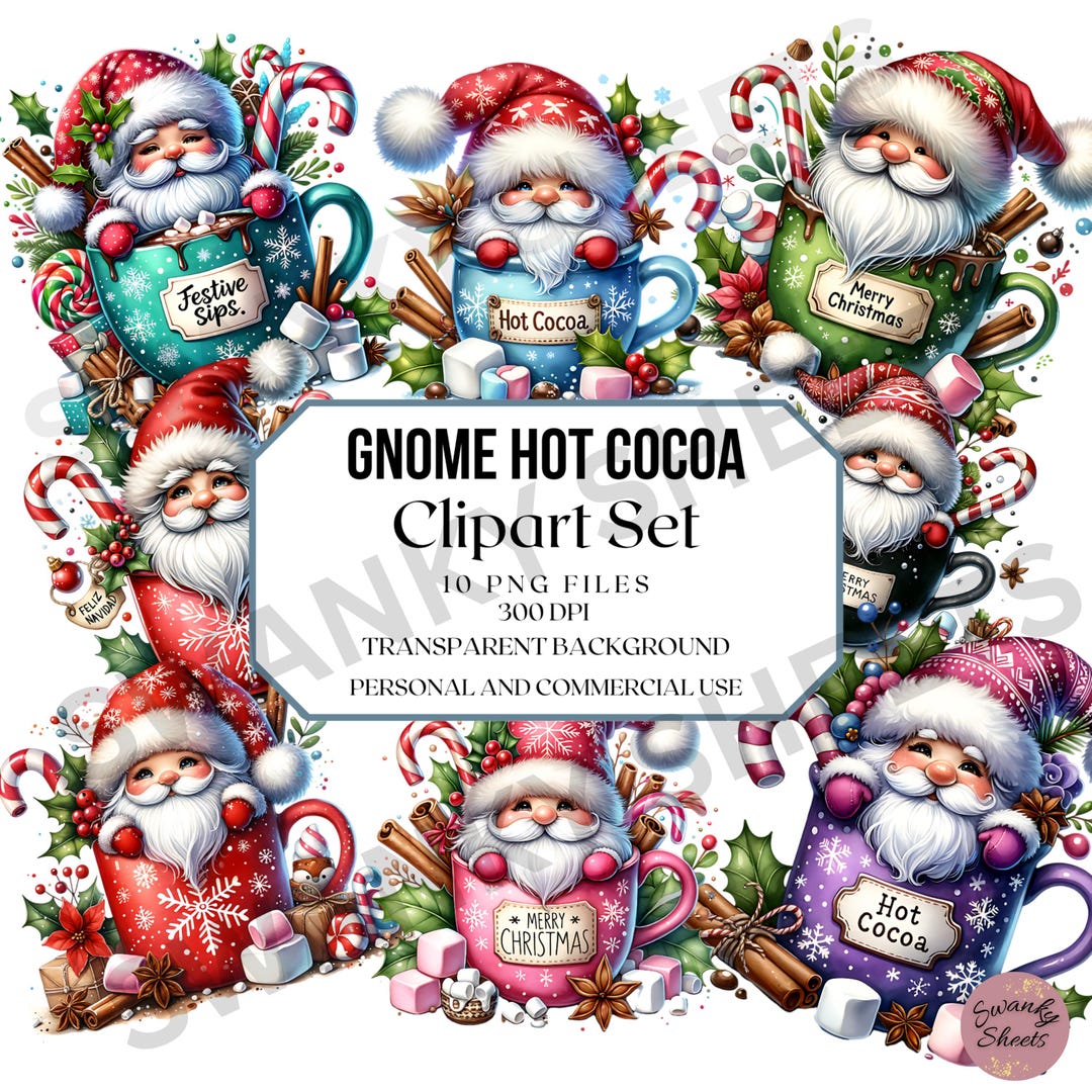 Hot Cocoa Gnomes Christmas Clipart, Cute Christmas Watercolor Gnomes ...