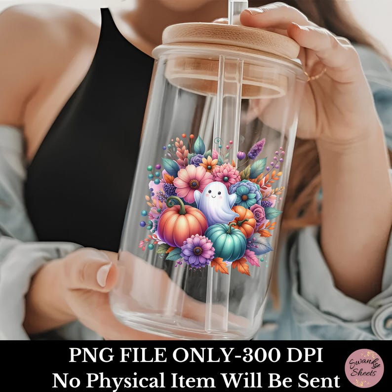 Pastel Autumn Ghost With Pumpkins and Flowers PNG | Cute Fall Clipart ...