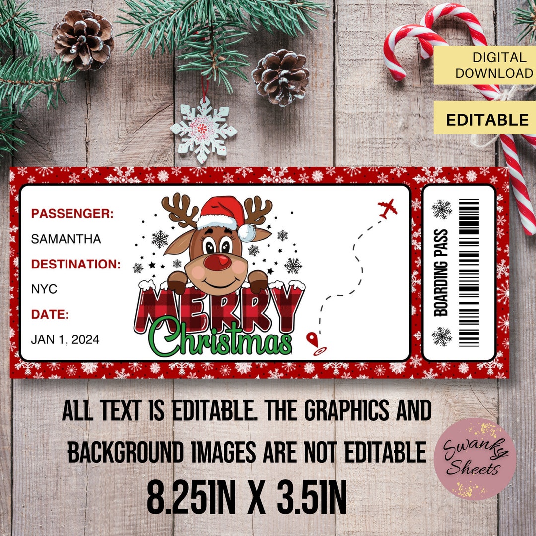 Merry Christmas Boarding Pass, EDITABLE Flight Ticket, Vacation ...