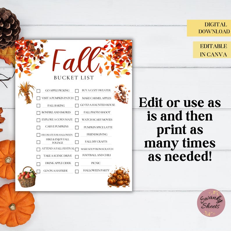EDITABLE Fall Bucket List, Autumn Activities Checklist, Fall to Do List ...