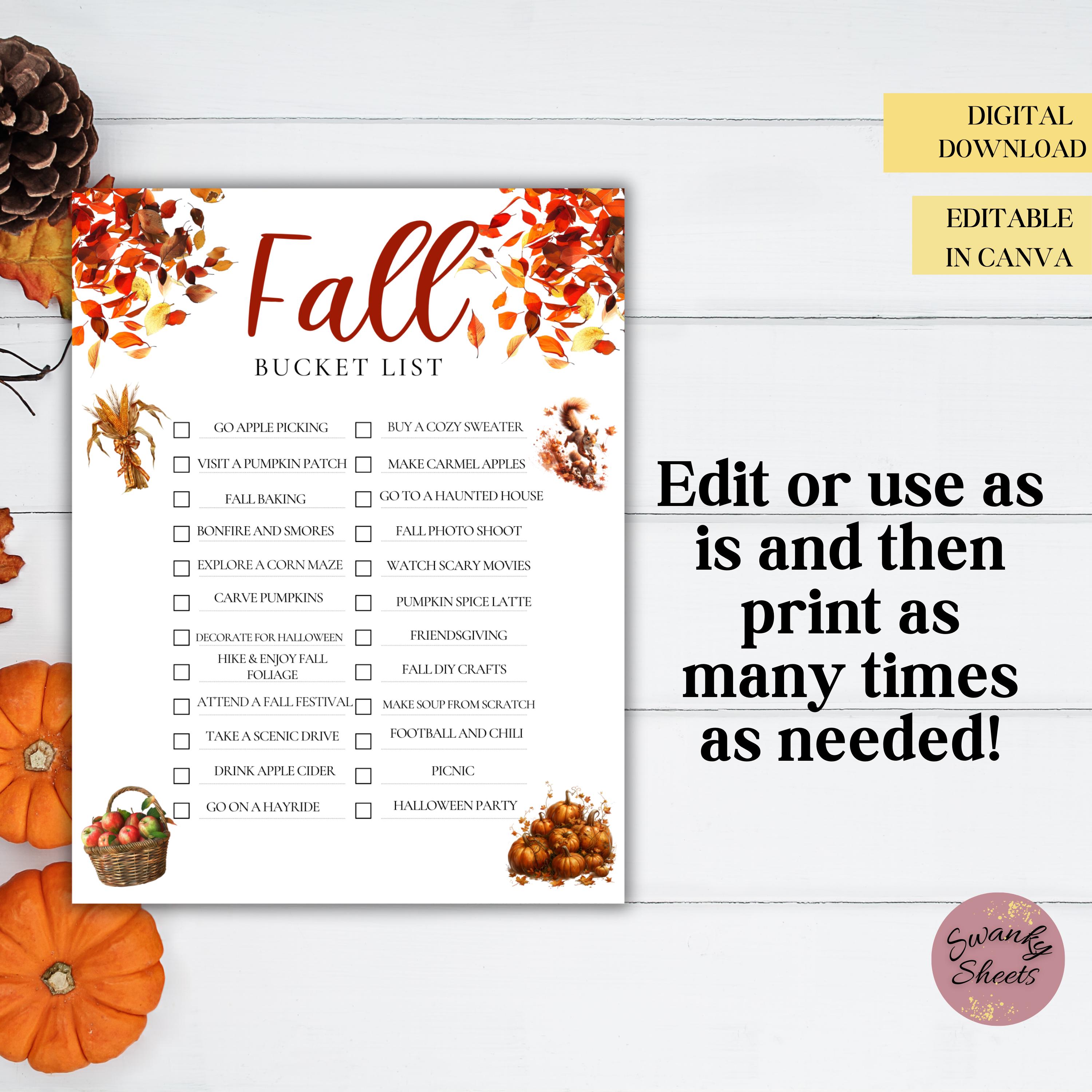 EDITABLE Fall Bucket List, Autumn Activities Checklist, Fall to Do List ...