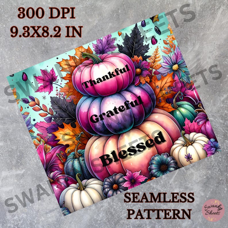 Thankful Grateful Blessed Seamless Tumbler Wrap, 20 Oz Skinny Tumbler Sublimation Design ...