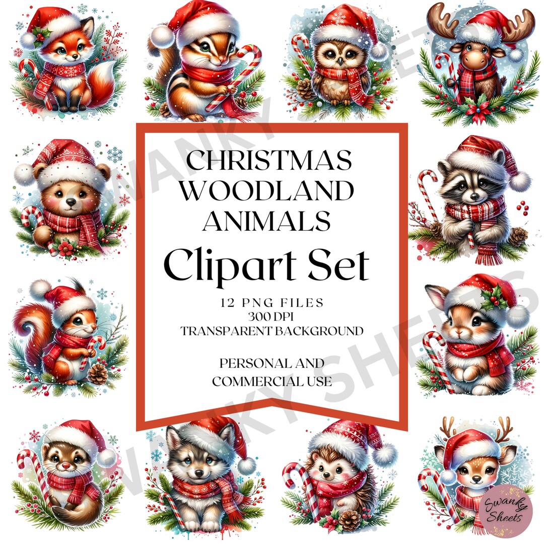 Adorable Christmas Woodland Animals Clipart Set, Cute Fox, Deer ...