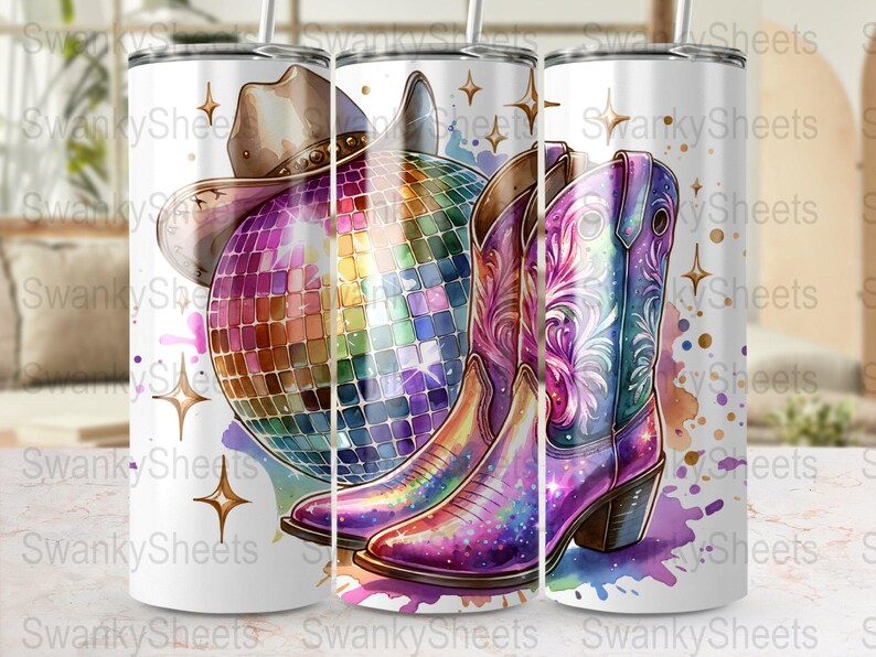 Watercolor Disco Ball & Cowboy Boots Tumbler Wrap (PNG Digital Download ...