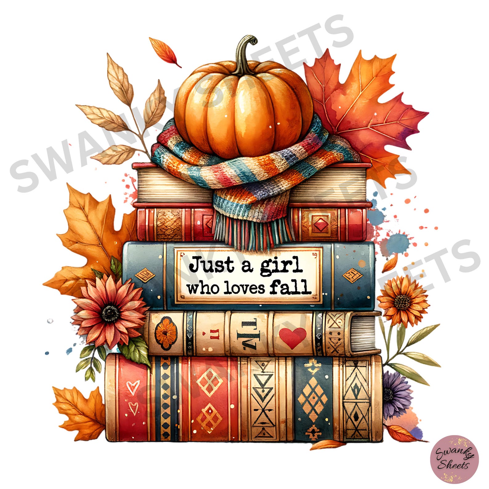 Watercolor Vintage Book Stack PNG, Fall Leaves, Scarves, Pumpkins Just ...