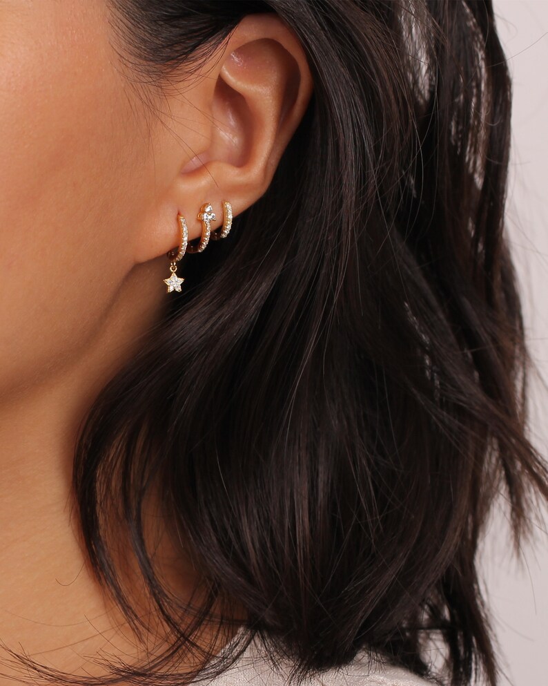 Pave Star Huggies Star Hoops Earrings Dangle Star Hoops | Etsy