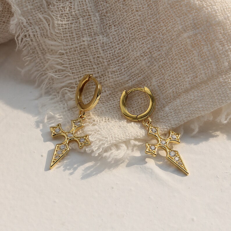 Gold Cross Huggies Cross Hoop Earrings CZ Cross Hoops Stack | Etsy