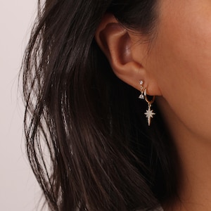 North Star Hoops, Star Hoop Earrings, Celestial Earrings, Starburst Huggies, Dangle Star ...