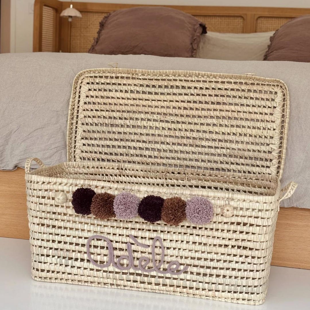 Personalized Toy Box With Pompoms and First Names in Plum, Brown and ...