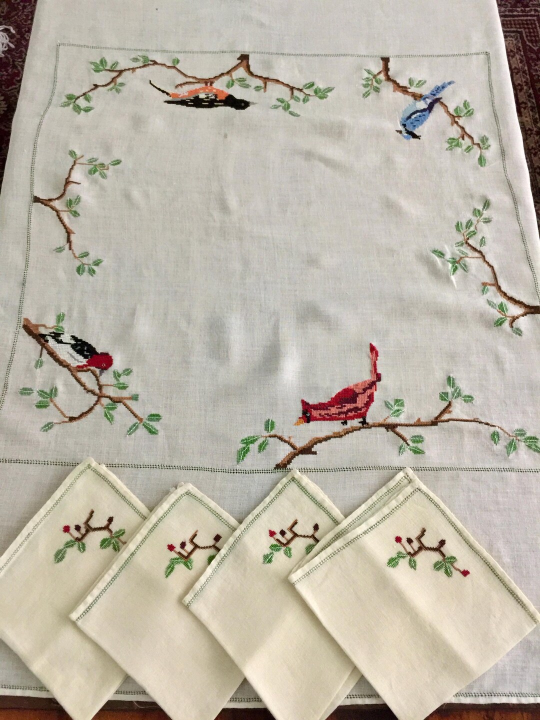 Vintage Bird Embroidered Square Tablecloth and 4 Napkins Retro Small ...