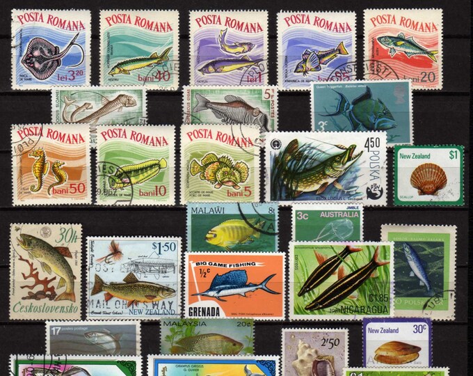 Fish Stamps,50 Diff, Fish Postage Stamps, Seashell Stamps, Ocean ...