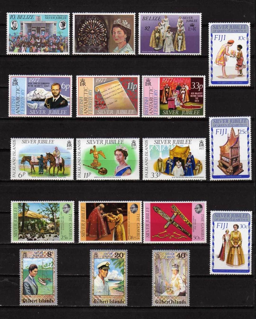 6 Cpl Sets British Colonies Stamps, Queen Elizabeth, Silver Jubilee ...