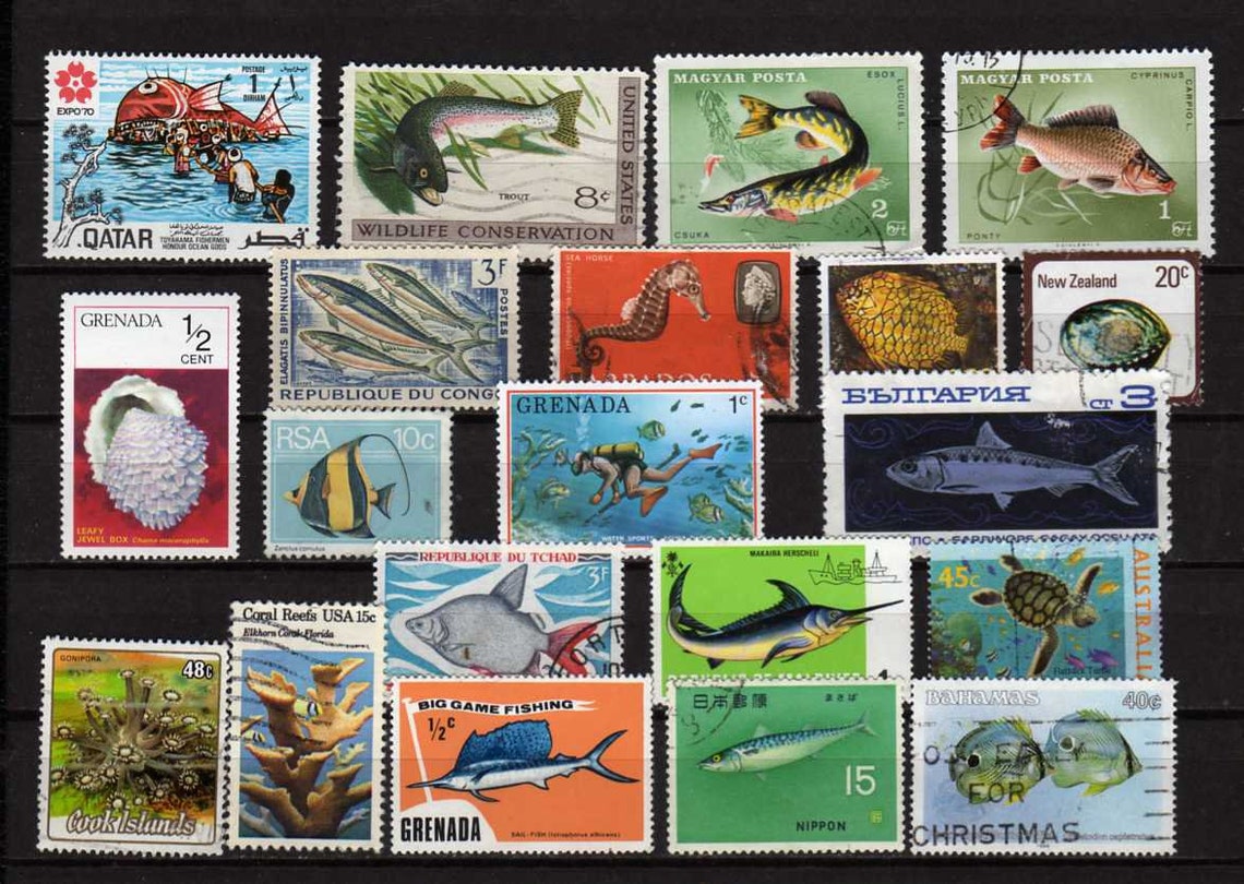 Fish Stamps50 Diff Fish Postage Stamps Seashell Stamps - Etsy