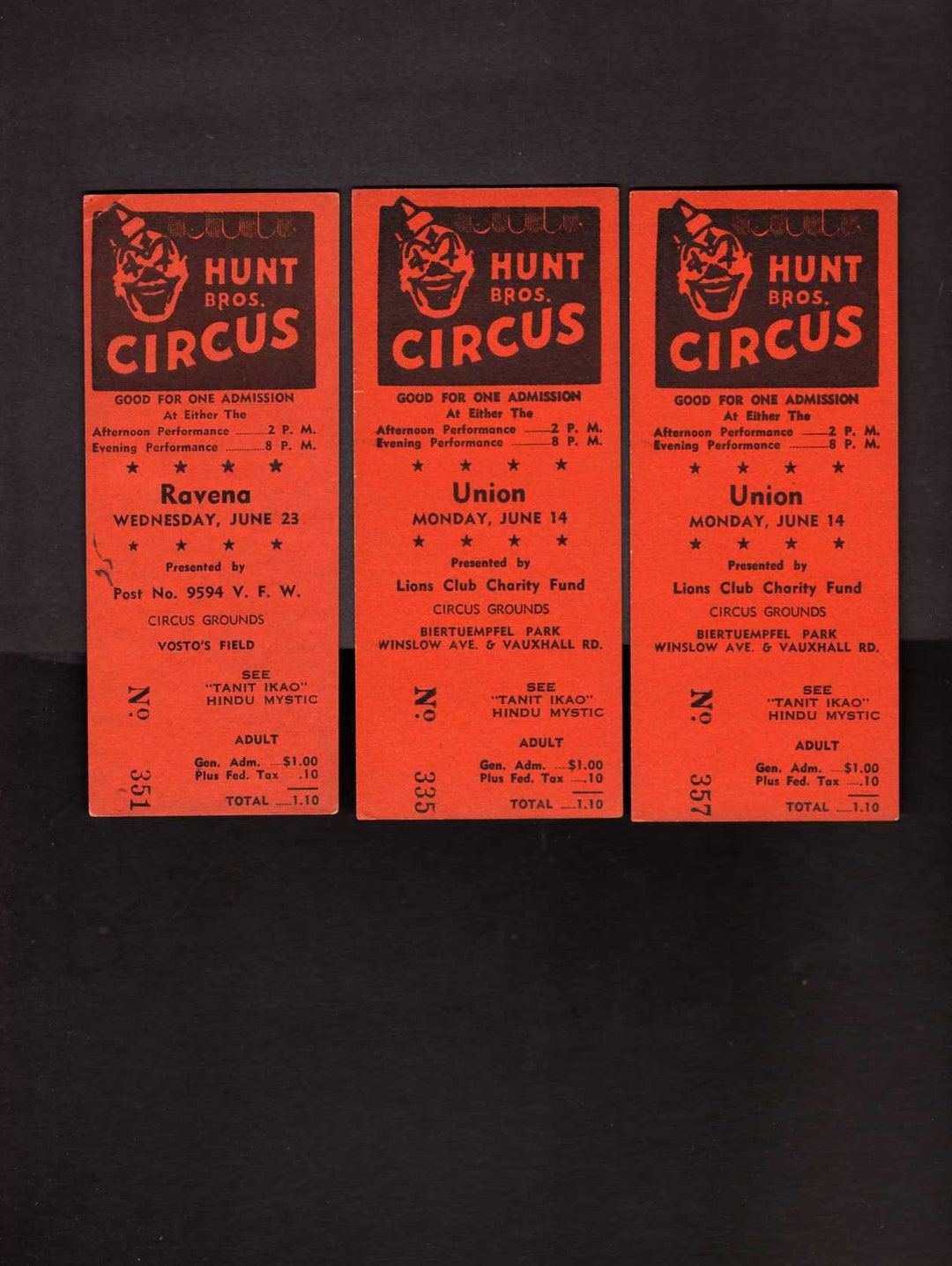 Lot 3 Vintage HUNT Bros Brothers Circus Tickets, Circus Collectible ...