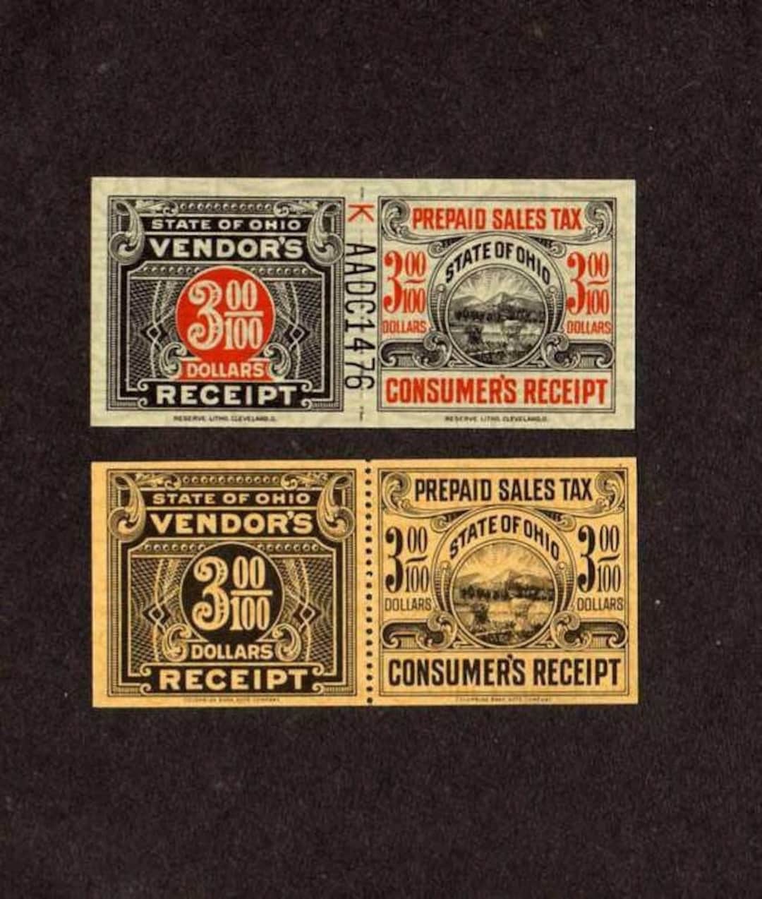 State of Ohio Vendor's Receipts Stamps, Unused & Attached, Prepaid ...